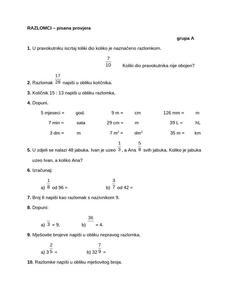 Pisana Provjera - Razlomci | PDF