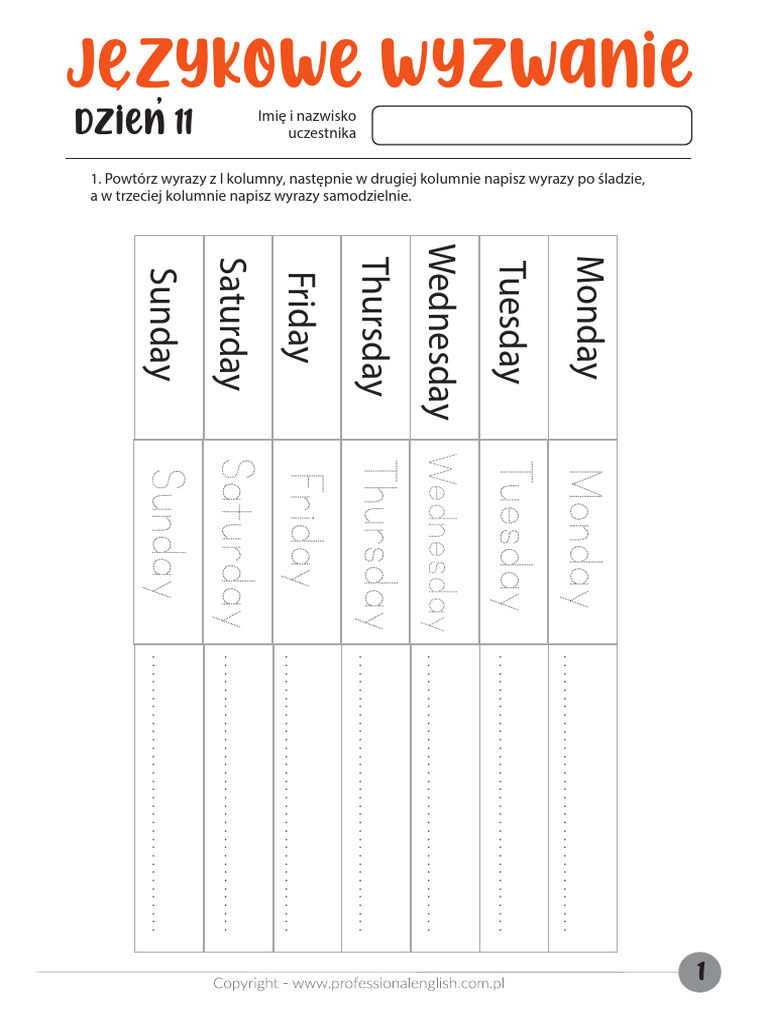 Dzien 11 Poziom Starter Karta Pracy Dni Tygodnia | PDF