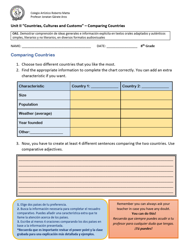 Cápsula 8 Worksheet - Comparing Countries | PDF