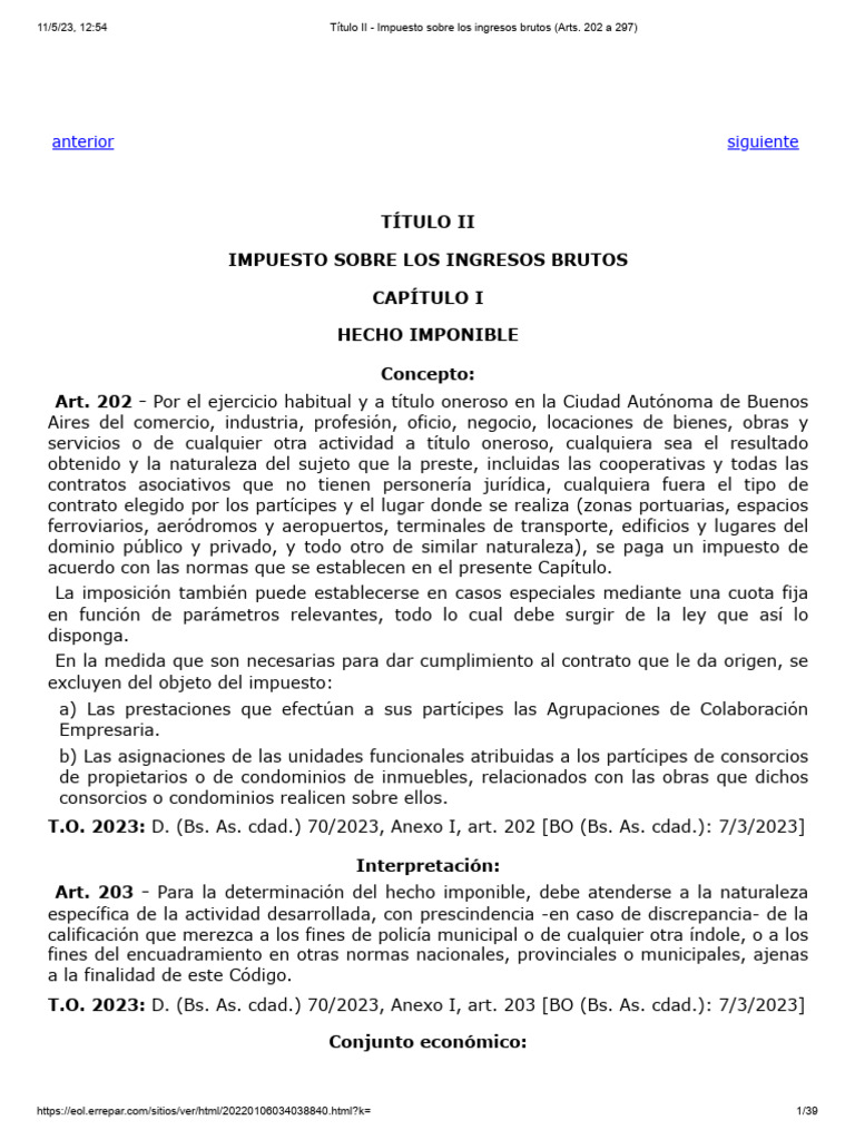 Título II - Impuesto Sobre Los Ingresos Brutos (Arts. 202 A 297) Código Fiscal CABA | PDF
