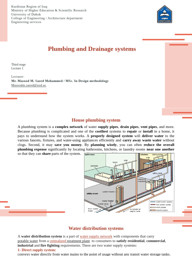 Lecture 1 Plumbing and Drainage Systems | PDF