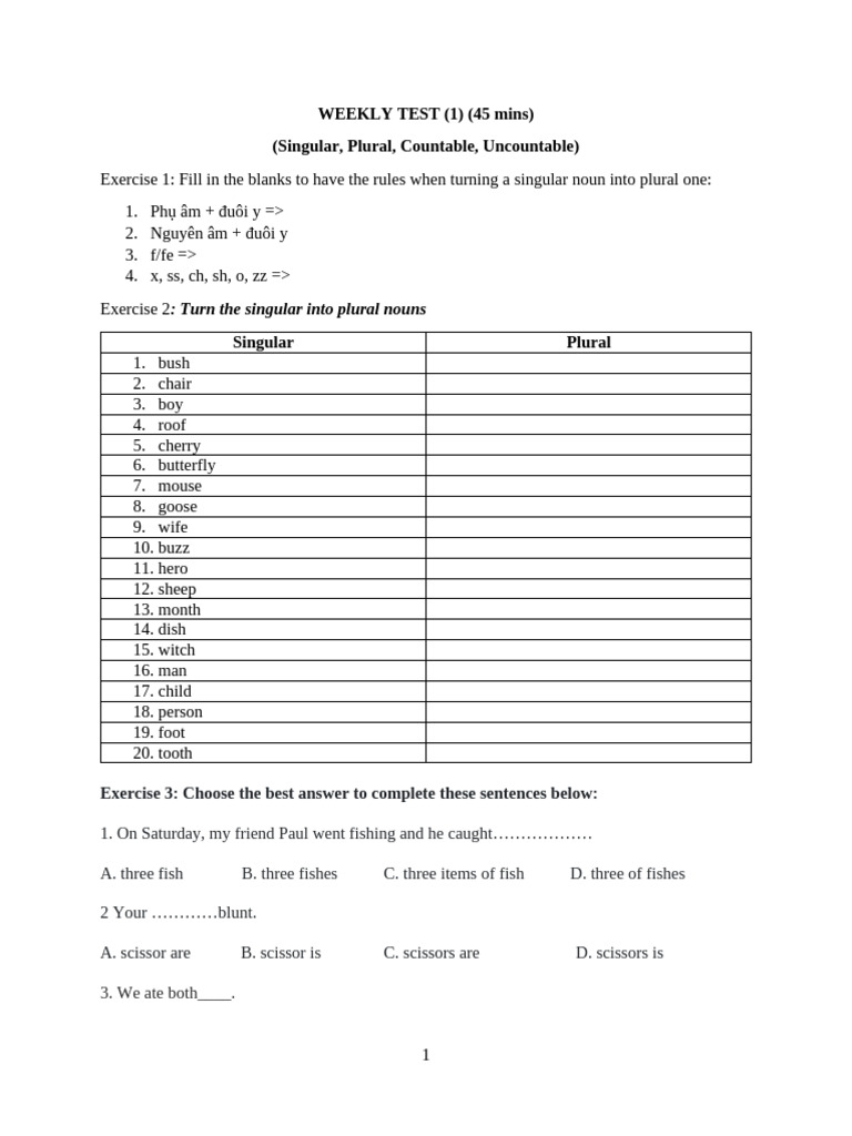 WEEKLY TEST (1) (Singular, Plural, Countable, Uncountable) | PDF