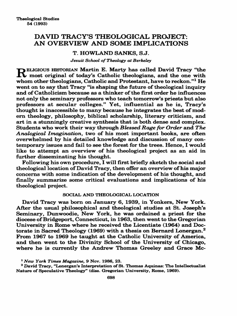 David Tracy's Theological Project - An Overview & Some Implications (T ...