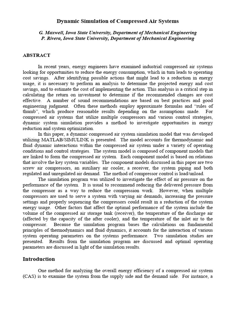 Dynamic Simulation of Compressed Air Systems | PDF