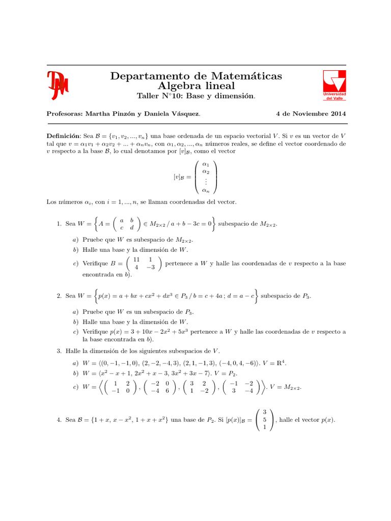 Taller Algebra Lineal (Base y Dimension) | PDF