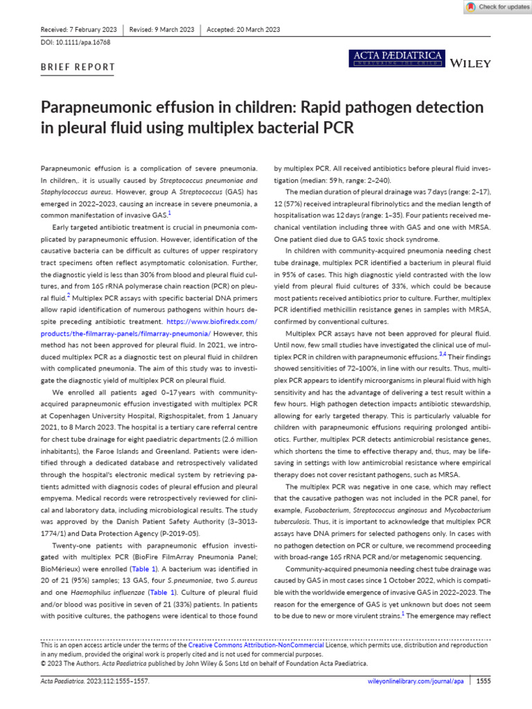 Parapneumonic Effusion in Children Rapid Pathogen Detection in Pleural ...