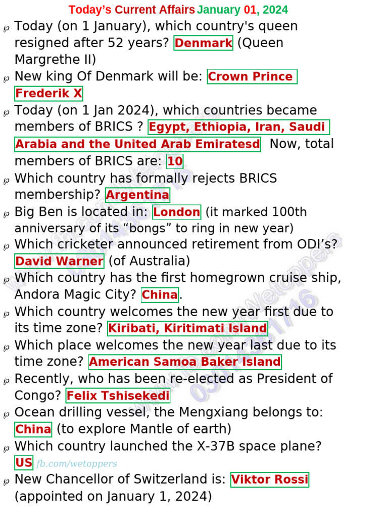 January 2024 Global Current Affairs | PDF | Pakistan | Politics