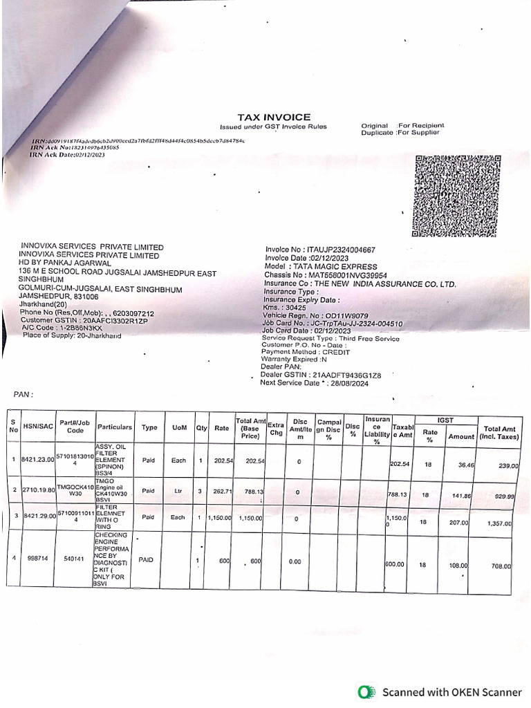 Vehicle Service Tax Invoice | PDF