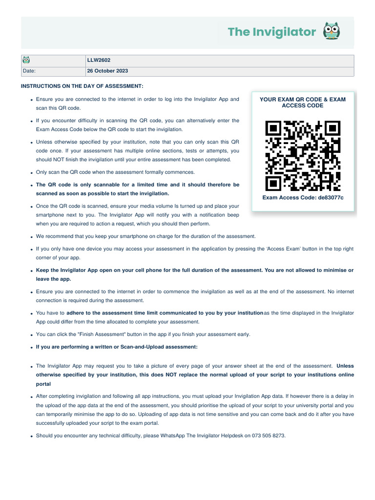 QR Code and Student Instruction Document-LLW2602 | PDF
