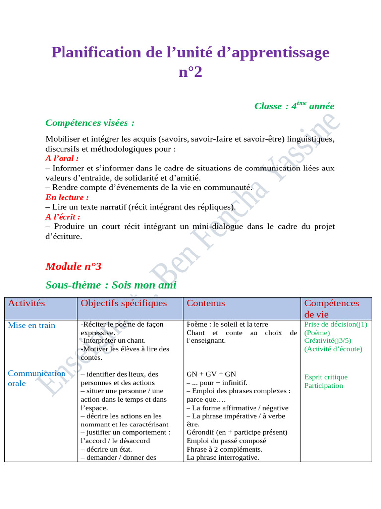 Planification Unitaire 4ème Et 6ème | PDF