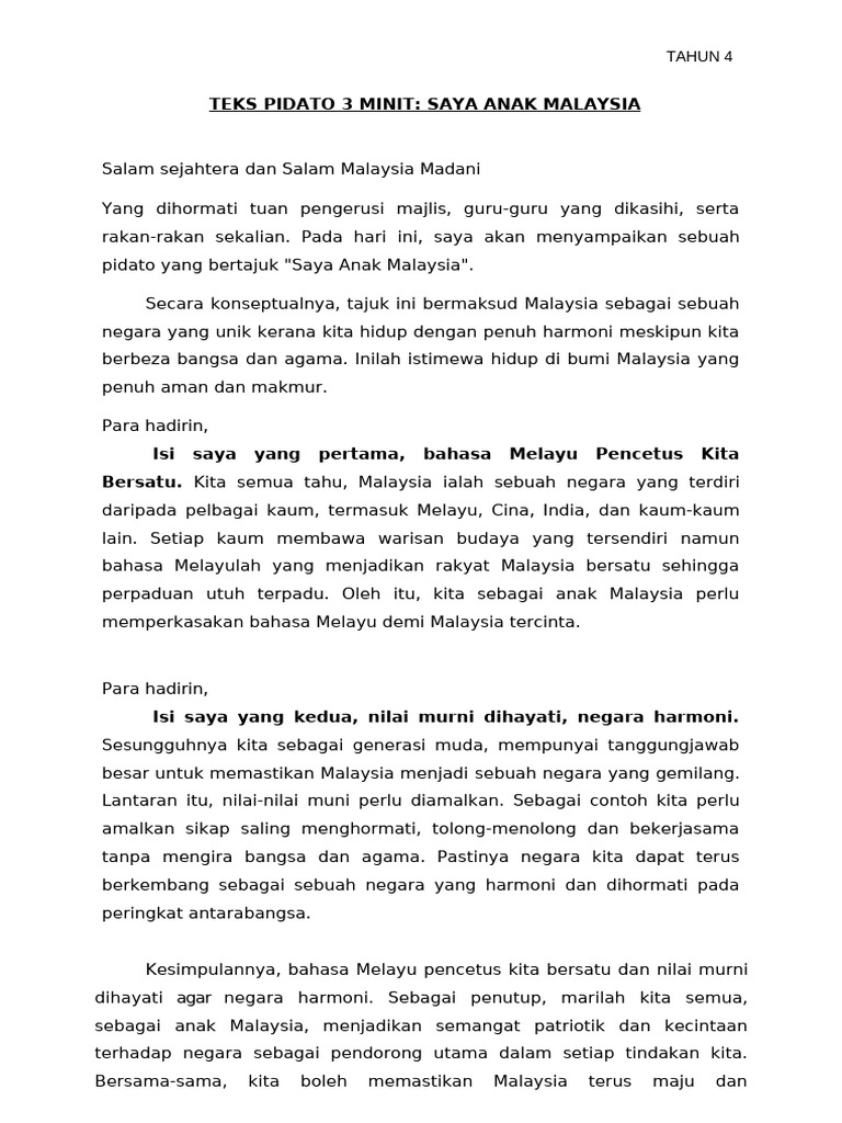 Teks Pidato Tahun 4 Saya Anak Malaysia | PDF