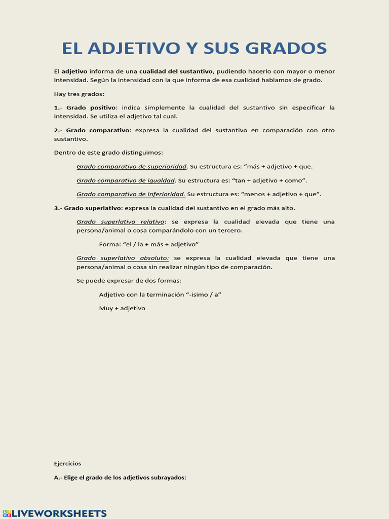 El Adjetivo Y Sus Grados: Adjetivo Cualidad Del Sustantivo | PDF