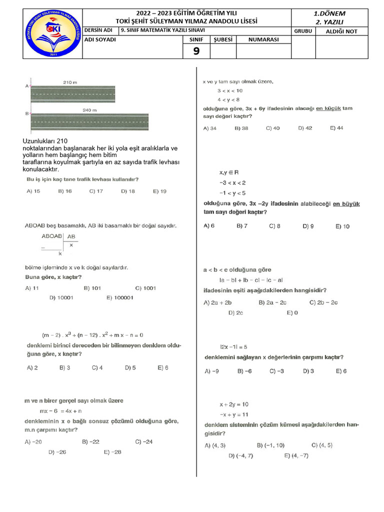 9.sınıflar 2023 1. DNM 2. Yazılı DZ | PDF