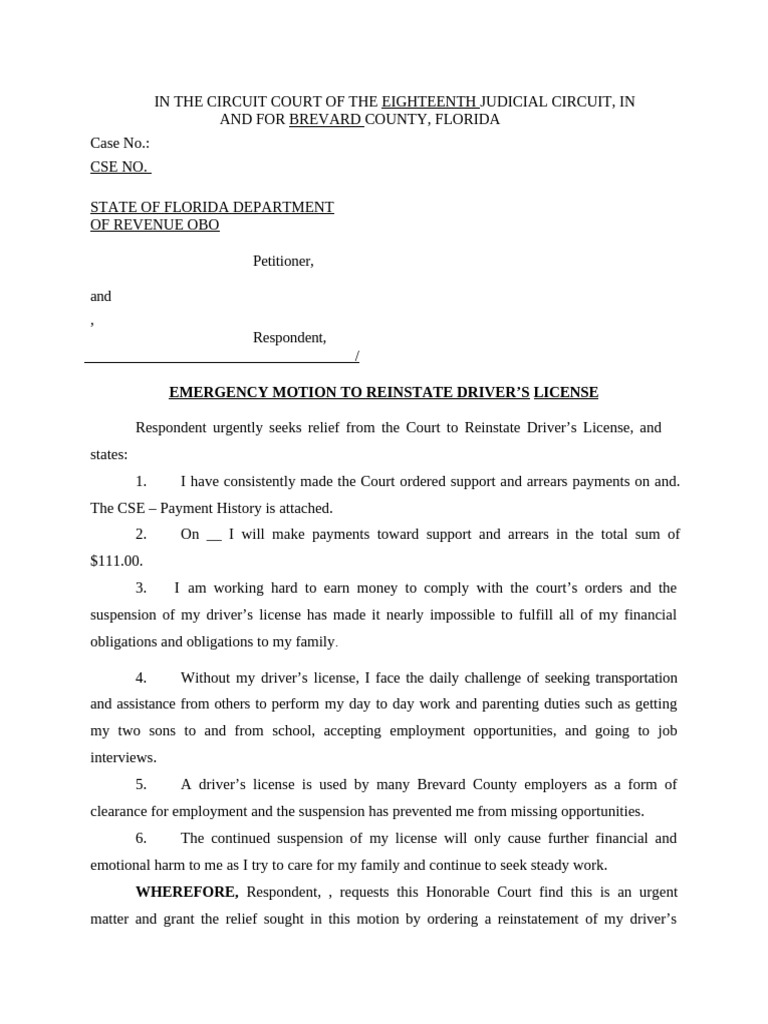 Motion-To Reinstate Drivers License | PDF | Law
