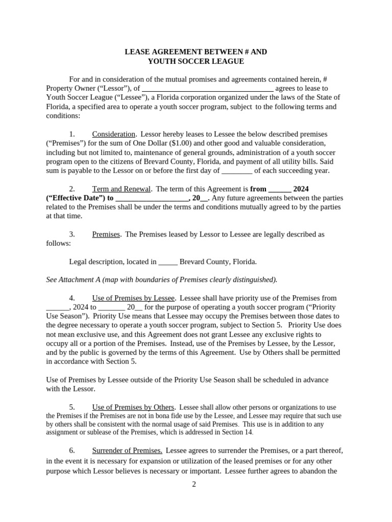 Youth Soccer League Lease Agreement | PDF | Lease | Assignment (Law)