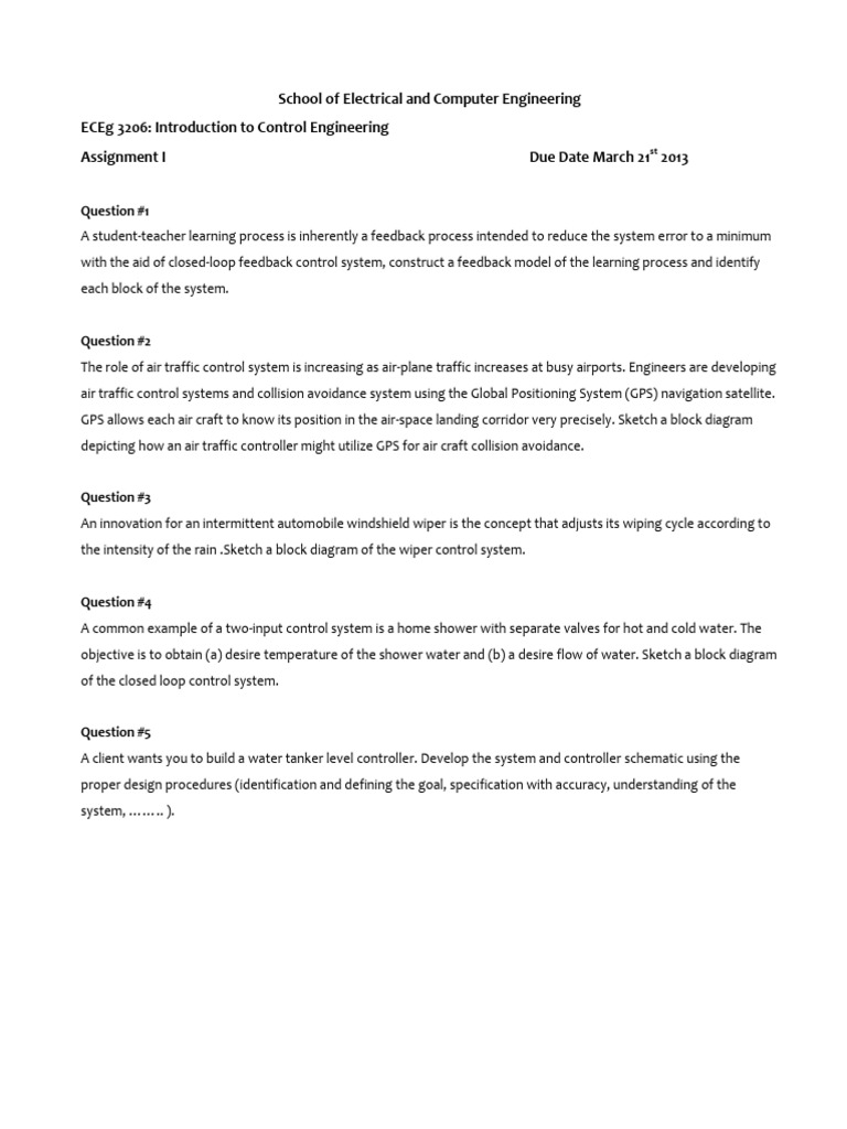 Introduction To Control Systems ECEg 3206 Assigment 1 | PDF