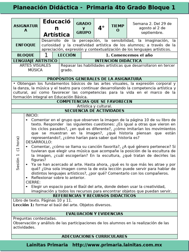 Plan 4to Grado - Bloque 1 Educación Artística (2016-2017) | PDF