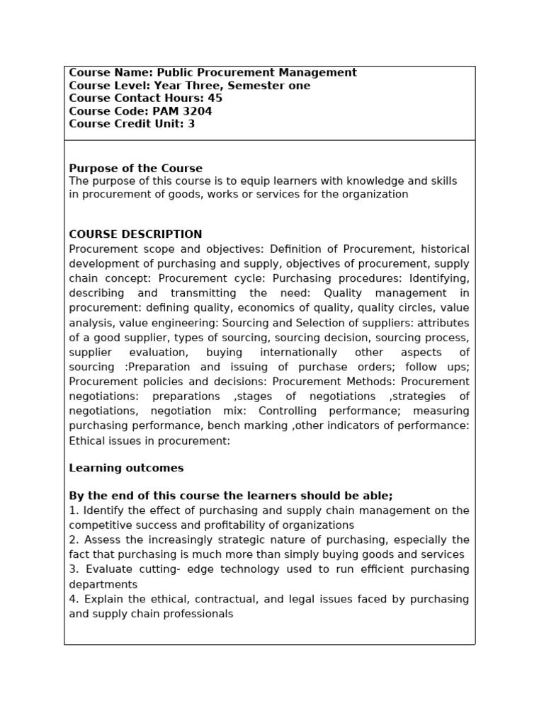 Procurement Management, Course Outline | PDF | Procurement | Supply Chain