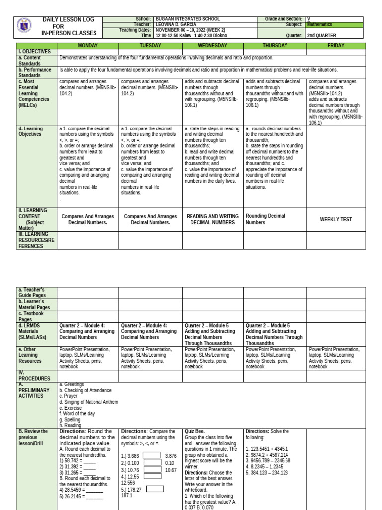 G5 Q2W2 DLL Math | PDF