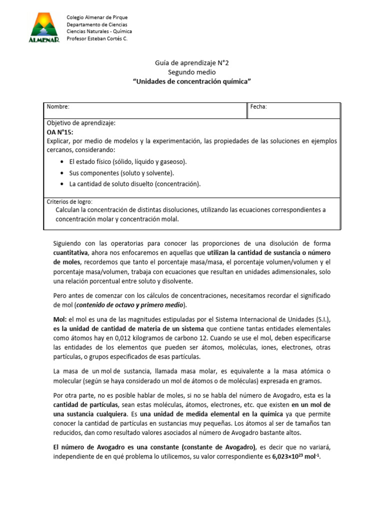 Guía N°2 - Unidades de Concentración Química - 2°medio | PDF | Mole (Unidad) | Métodos y ...