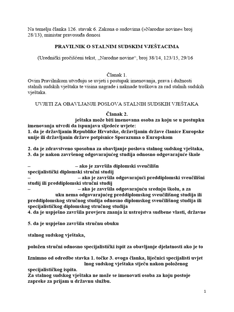 Pravilnik o Stalnim Sudskim Vjestacima Procisceni Tekst (1) | PDF