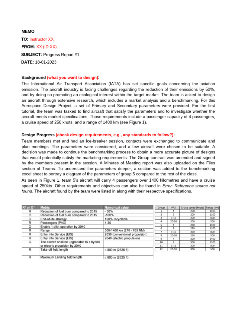 Progress Report 1 (Example For Aircraft Design) | PDF