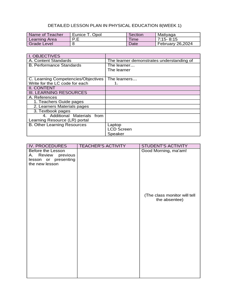 Detailed Lesson Plan Format | PDF