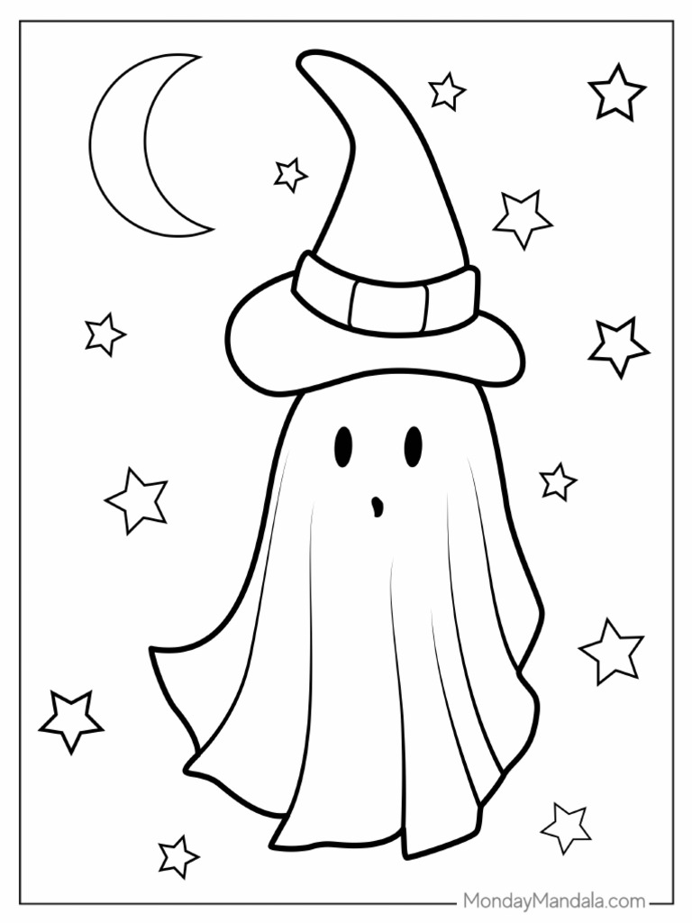 Ghost Wearing Witches Hat To Color | PDF