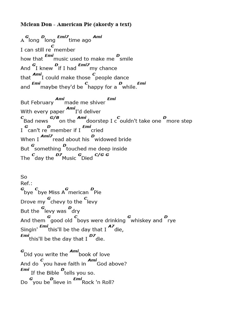 Mclean Don - American Pie (Akordy A Text) | PDF