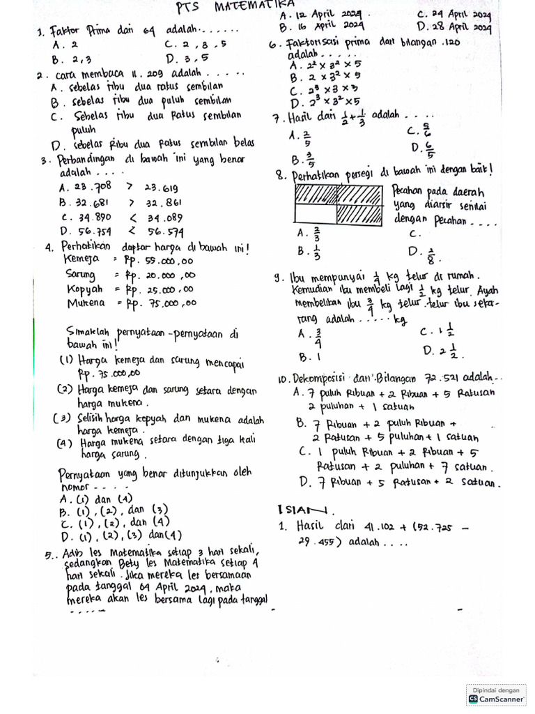 PTS MTK Kelas 5 (B1) | PDF