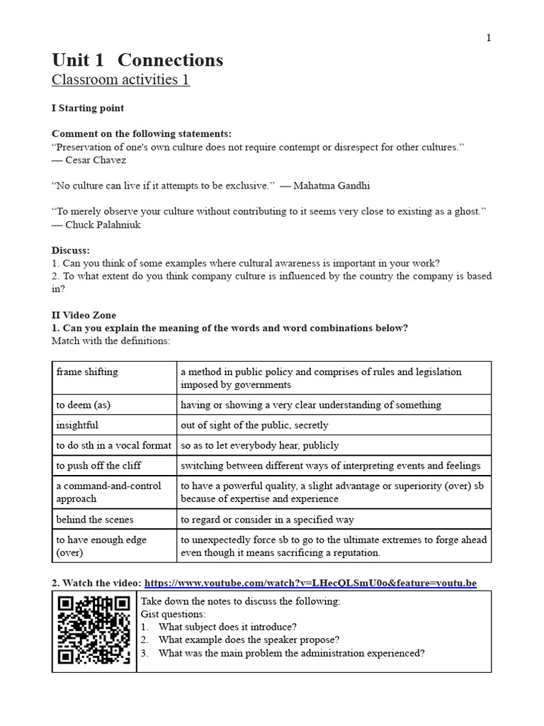 Unit 1 Connections: Classroom Activities 1 | PDF
