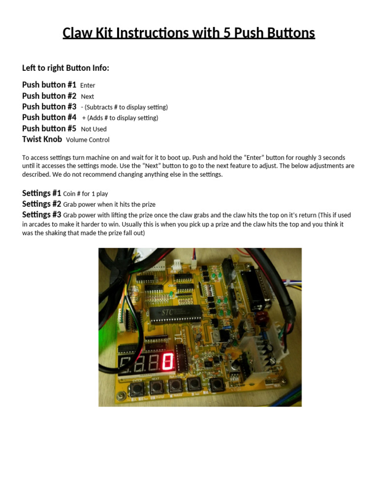 Claw Kit Instructions With 5 Push Buttons | PDF