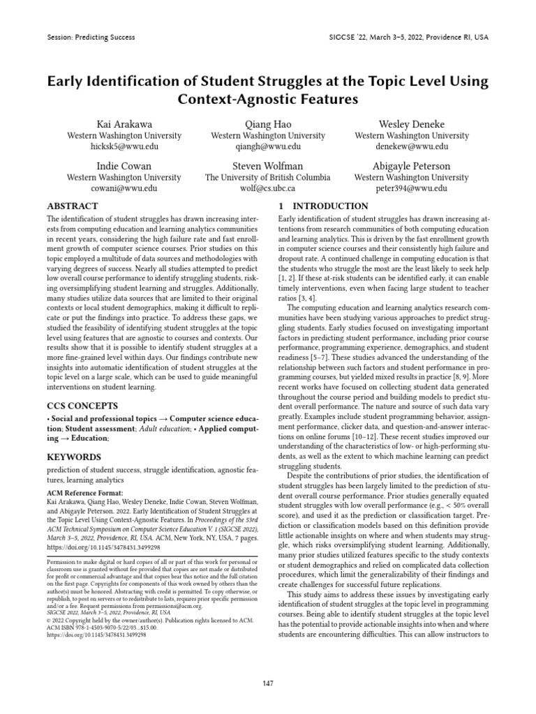 Early Identification of Student Struggles at The Topic Level Using ...