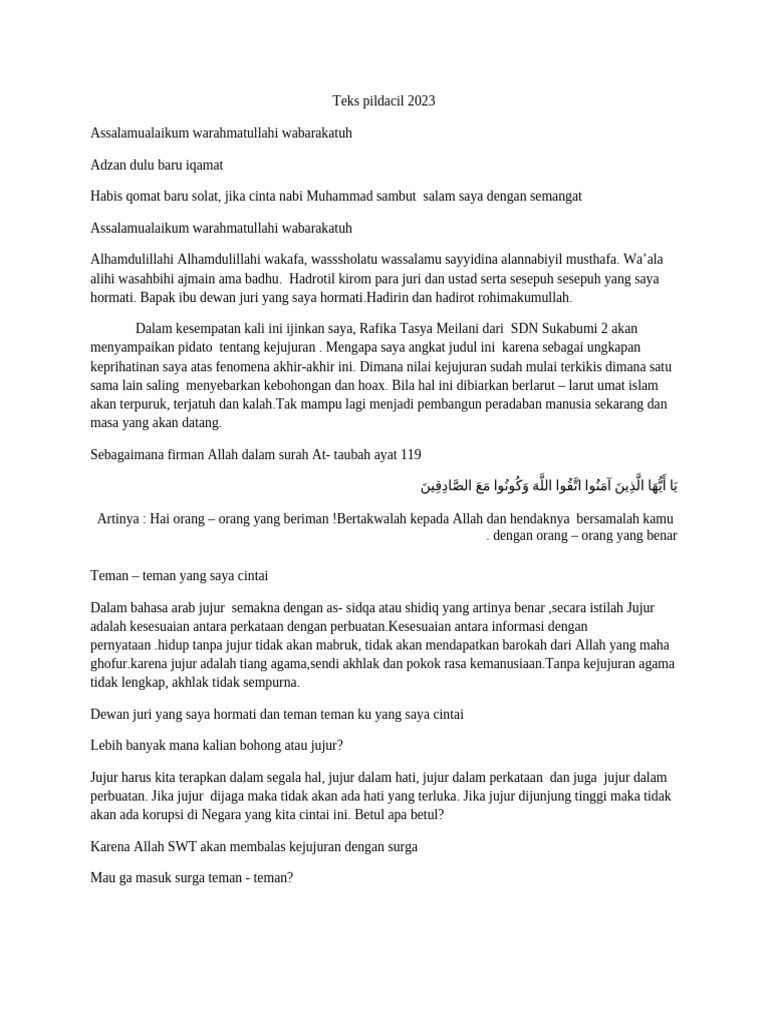 Teks Pildacil Tentang Kejujuran | PDF