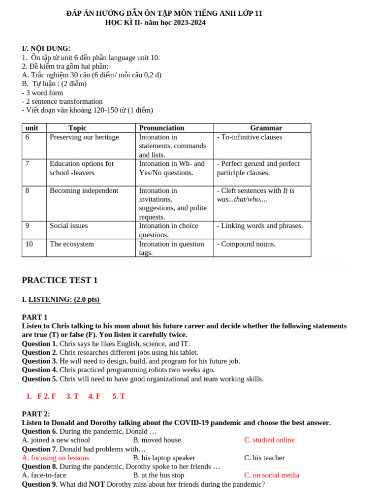 ĐÁP ÁN HD ÔN TẬP HK2 11 2023 2024 | PDF