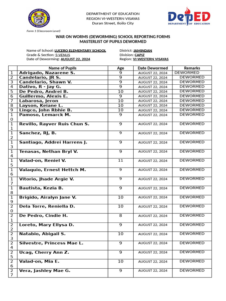 Form 1 Deworming | PDF