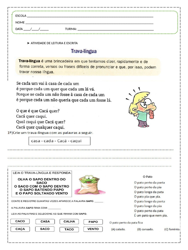 ATIVIDADE DE LEITURA E ESCRITA - Trava L Ngua | PDF
