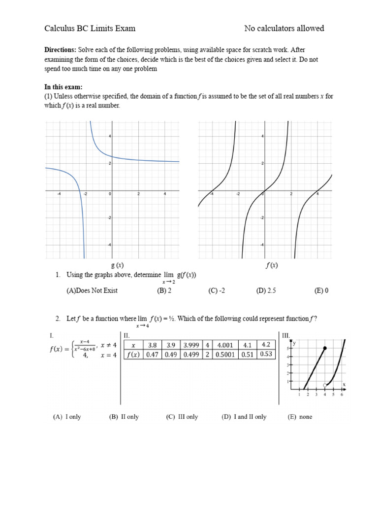 Calc BC Limits Exam (1.2-1.9 Exc. 1.8) | PDF | Function (Mathematics) | Mathematical Analysis