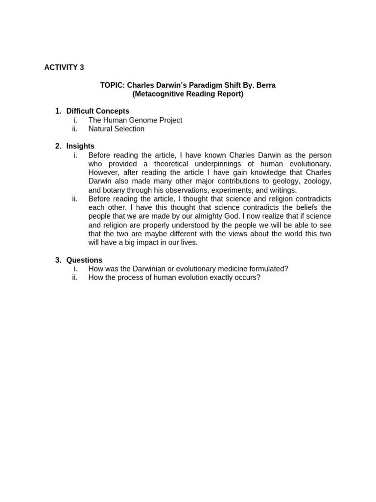 TOPIC Charles Darwin's Paradigm Shift By. Berra | PDF | Philosophy ...