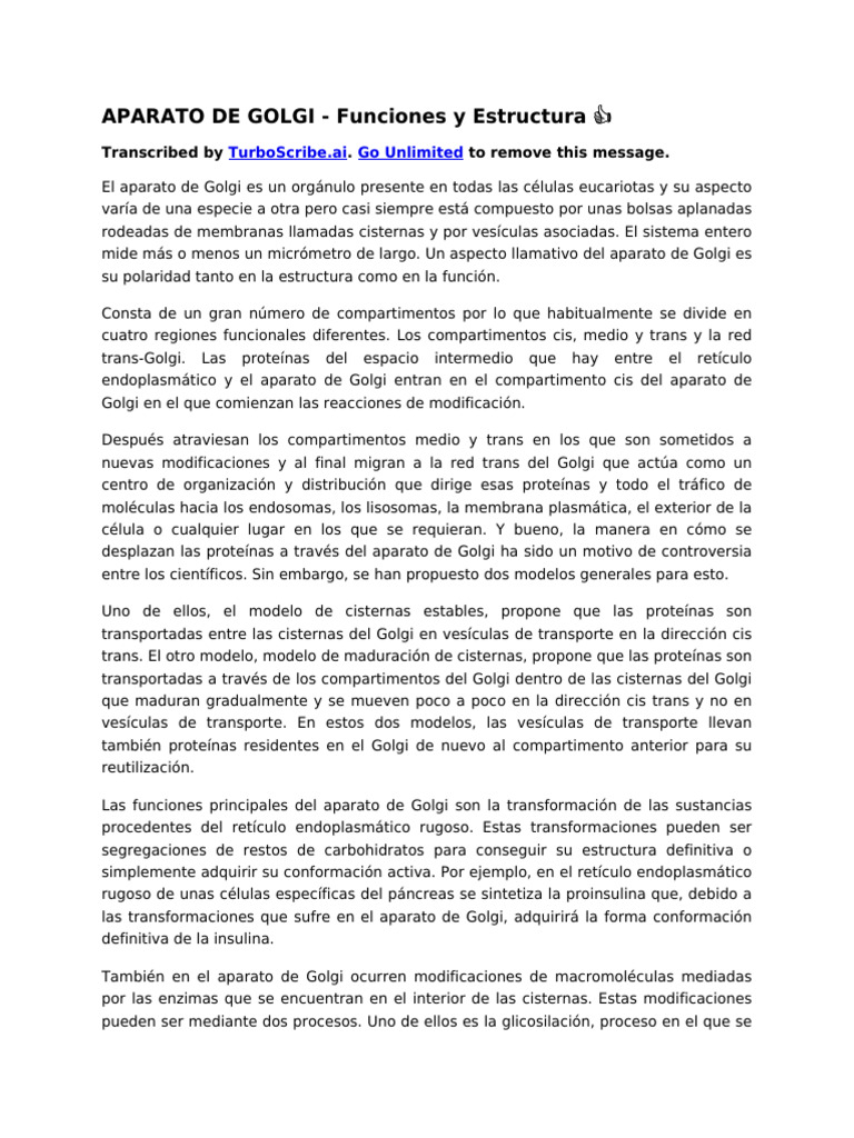 APARATO de GOLGI - Funciones y Estructura ? | PDF