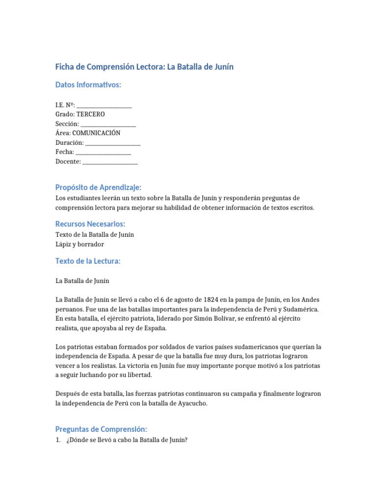 Ficha Comprension Lectora Tercer Grado | PDF