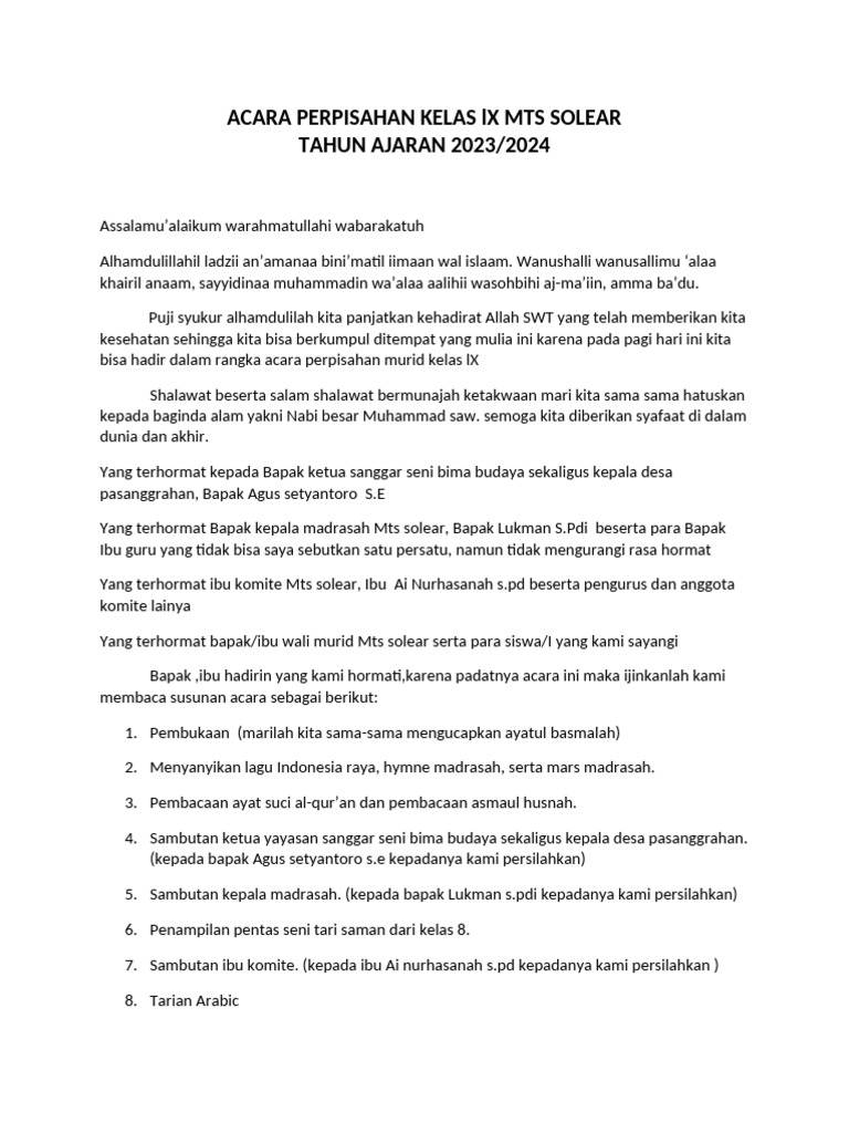 Acara Perpisahan Kelas LX Mts Solear TAHUN AJARAN 2023/2024 | PDF