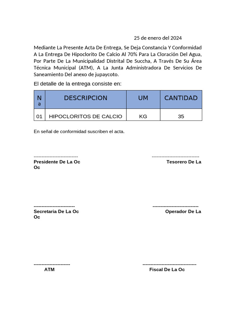 Acta de Entrega de Hipocloritos A Los Jass 2024 | PDF