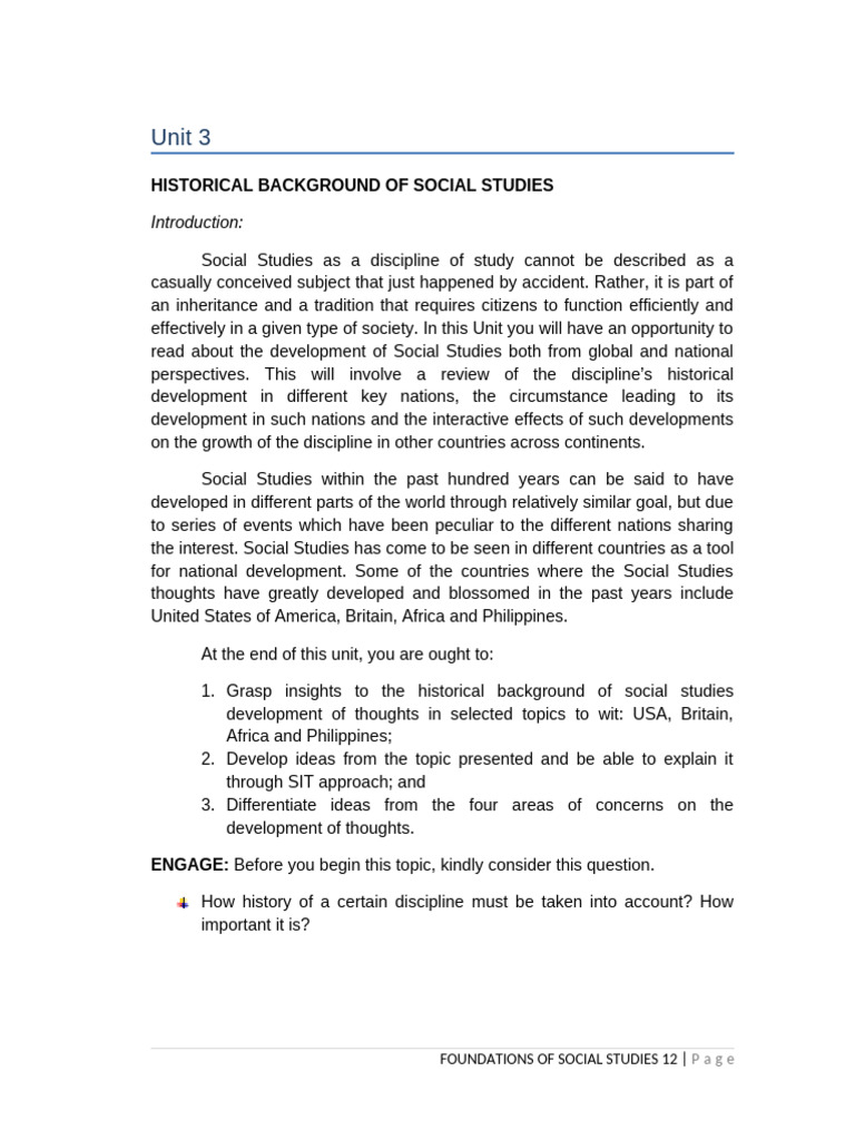 Unit 3 Historical Background of Social Studies. Social Foundations of ...