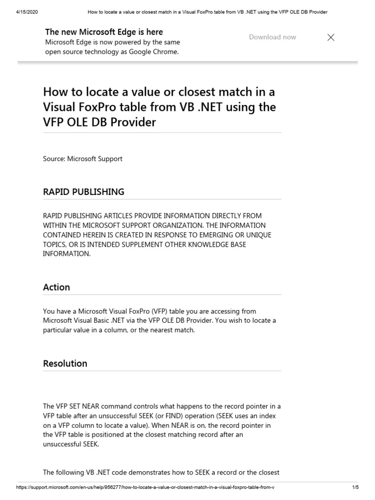 How To Locate A Value or Closest Match in A Visual FoxPro Table From VB .NET Using The VFP OLE ...