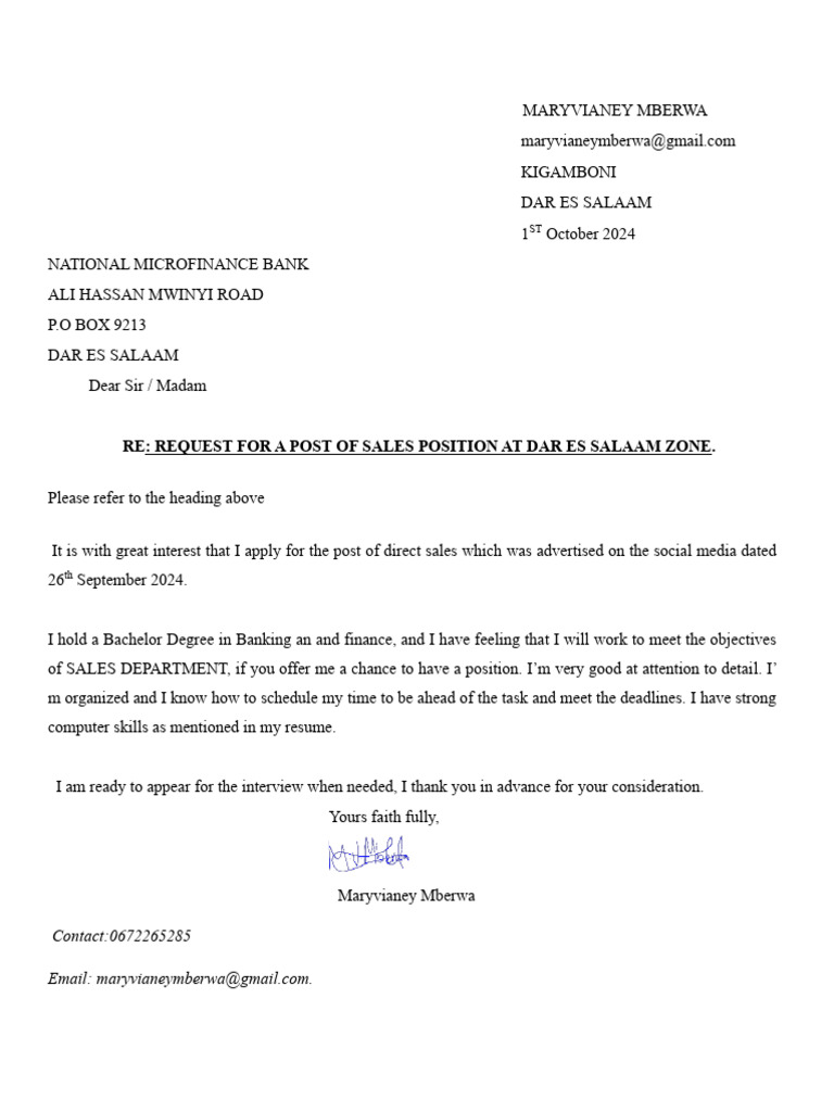 NMB Bank-Mary's Cover Letter | PDF