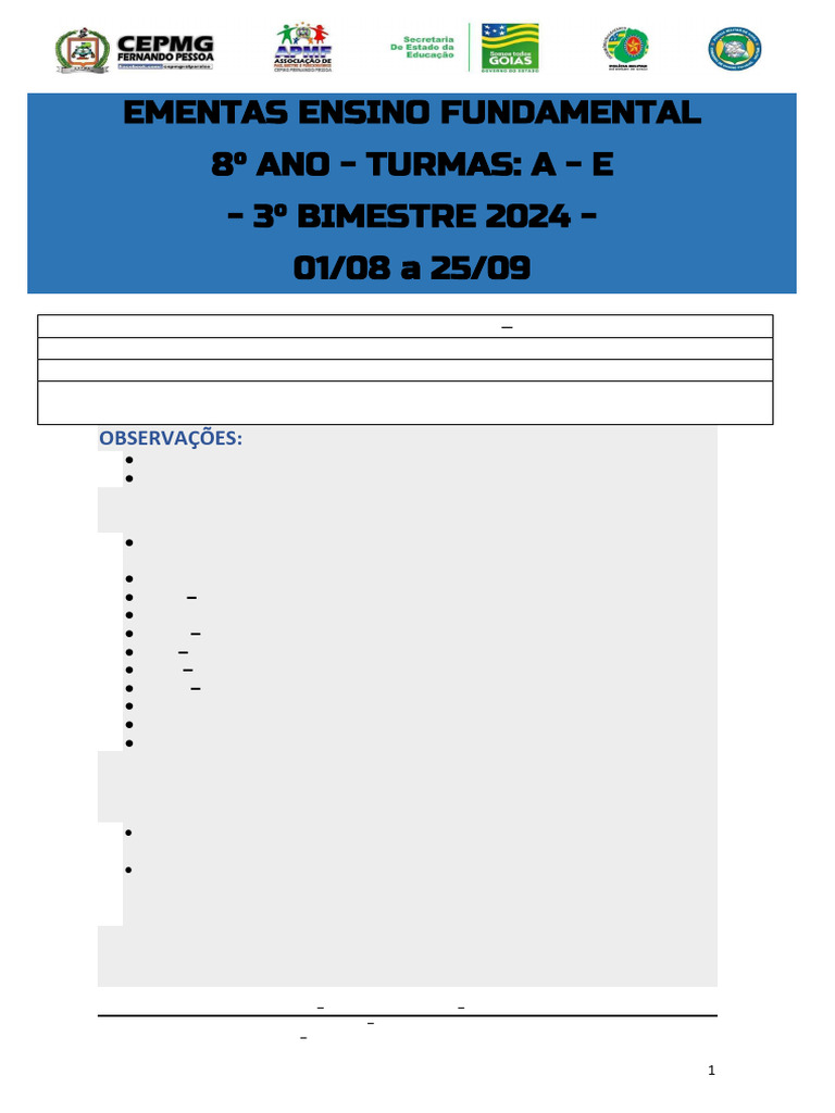 8º Ano - Ementa Unif - 3ºbim24 | PDF