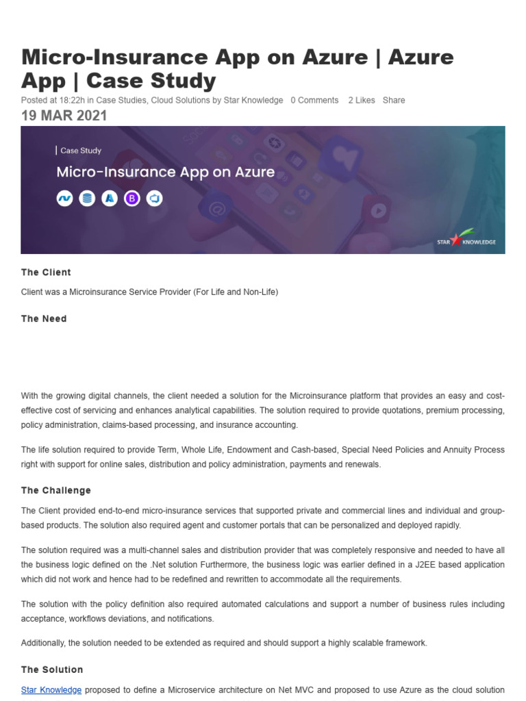 Micro-Insurance App On Azure - Azure App - Case Study | PDF