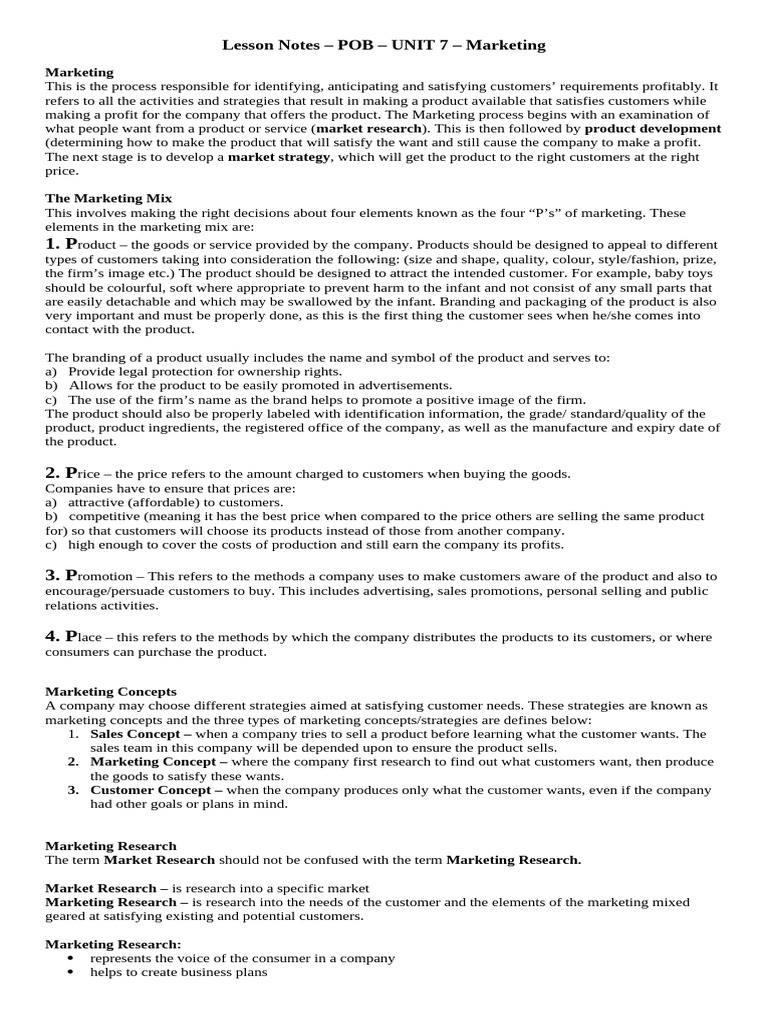 POB - Lesson 16 - MARKETING 1 | PDF