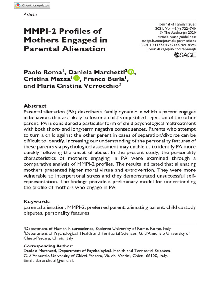 MMPI 2 Profiles of Mothers Engaged in Parental Alienation | PDF